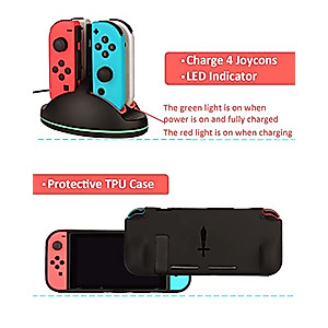 Switch Accessories - Family Bundle Accessories for Nintendo Switch, Carry Case& Screen Protector,4 Pack Joy Con Grips and Steering Wheels, Case Cover,Stand Mount,Joy Con Charger and More.