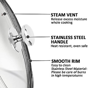 Glass Lids for 8, 9.5, 10.25, 11, 12, 12.6 Inch Frying Pans, Pots, Cast Iron Pans, Tempered Covers for Replacement with Stainless Steel Rim & Handle, Dishwasher & Over Safe