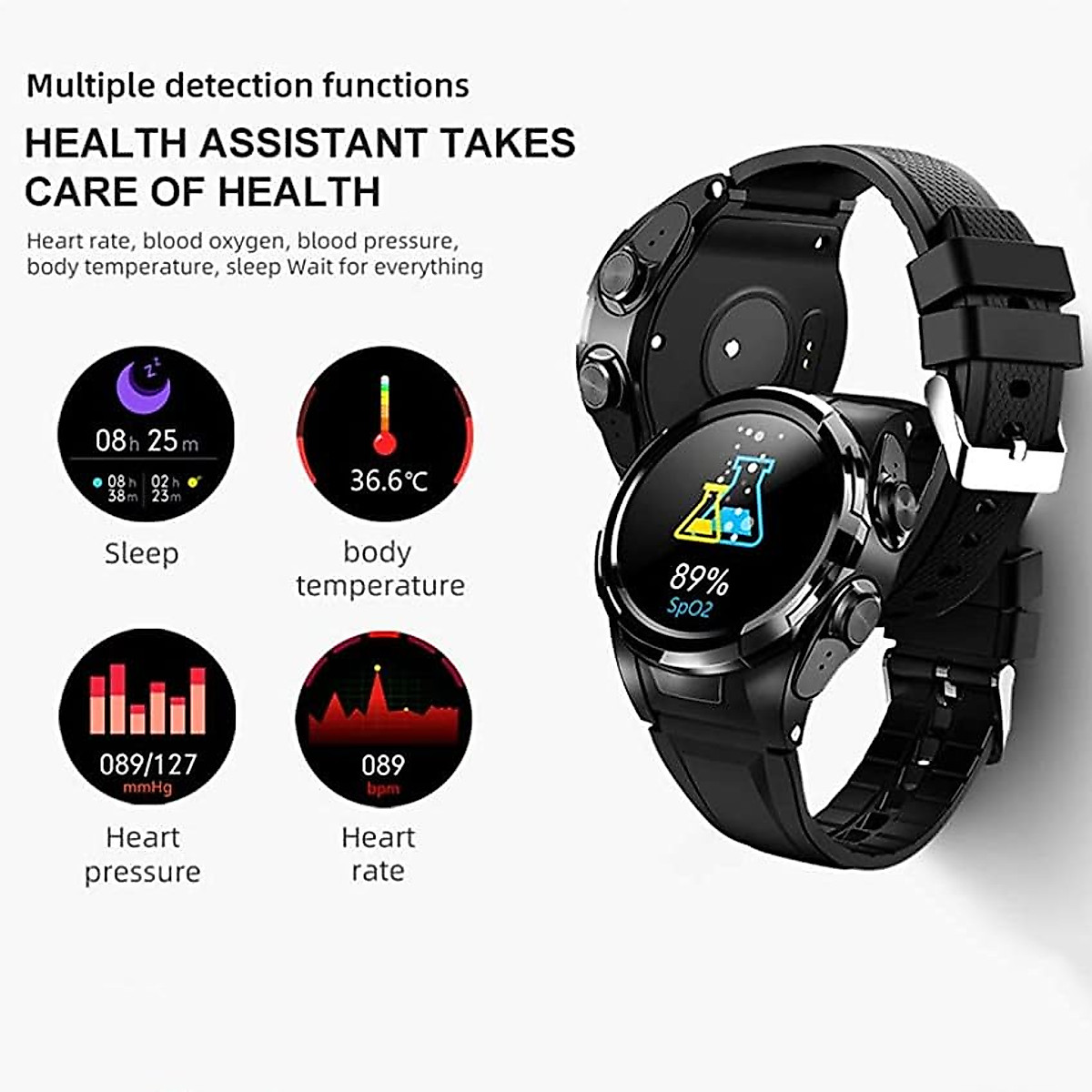 Rainbuvvy Smart Watch with Wireless Earbuds, 1.3 Inch Bluetooth 5.0 Waterproof & 2-in-1 TWS Bluetooth 5.1 Earphones, 320mAh Long Standby, Fitness Activity Tracker for Android iOS Phone (Steel-Black)