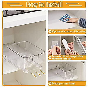 2 Pcs Pull Out Cabinet Organizer Slide out Storage Container No Need Drilling and Nailing Acrylic Drawer Storage Shelves with 4 Pull out Rail for Bathroom Kitchen