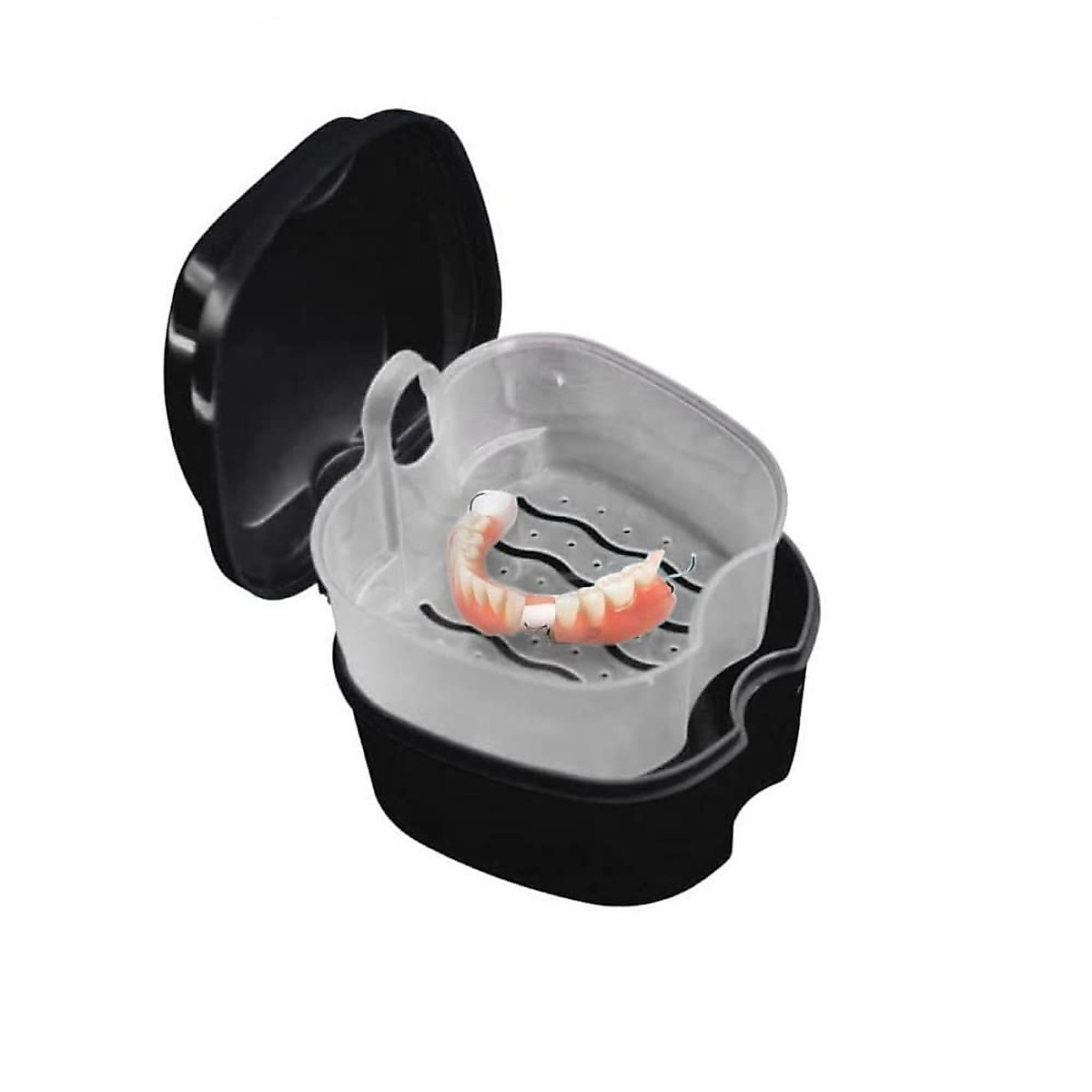 AmeriCan Goods Denture Bath Box with Denture Cleaner Brush Denture Bath Case with Rinsing Basket Tray Container (Black)