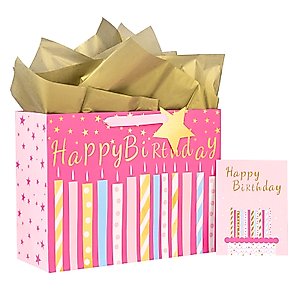 MAYPLUSS 16" Birthday Large Gift Bag with Greeting Card and Tissue Paper for Birhtday - Pink Gold Foil Candle Design
