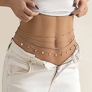 Aezlhjya 14K Sexy Overlay Metal Waist Chain for Women,Shinny Peach Heart Sequin Claw Belly Chain Beads Waist Chain Body Chains Jewelry Gift for Girls (2chian-4), Gold