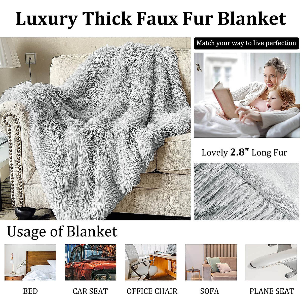 JONIYEAR Decorative 2.8" Long Hair Soft Fuzzy Faux Fur Throw Blanket 50" x 60",Luxury Reversible Fluffy Blankets for Couch Sofa Chair,Lightweight Accent Cozy Plush Thick Warm Shaggy Furry Blanket,Grey