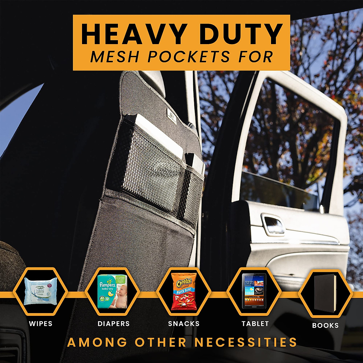 Gorla Gear Black Heavy Duty Kick Mats Back Seat Protector 2 Pack Car Seat Organizer Protection from Booster Seat Baby Toddler Kids Kicking Upgraded Bungee Hooks Universal Fit in Auto Trucks Vans SUV