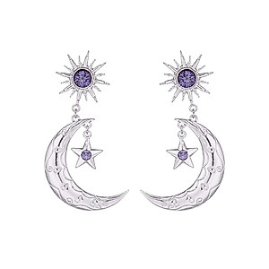 Sun Star Moon Drop Dangle Earrings for Women Sun Moon Crescent Rhinestone Stud Earrings Bohemian Jewelry (Silver)
