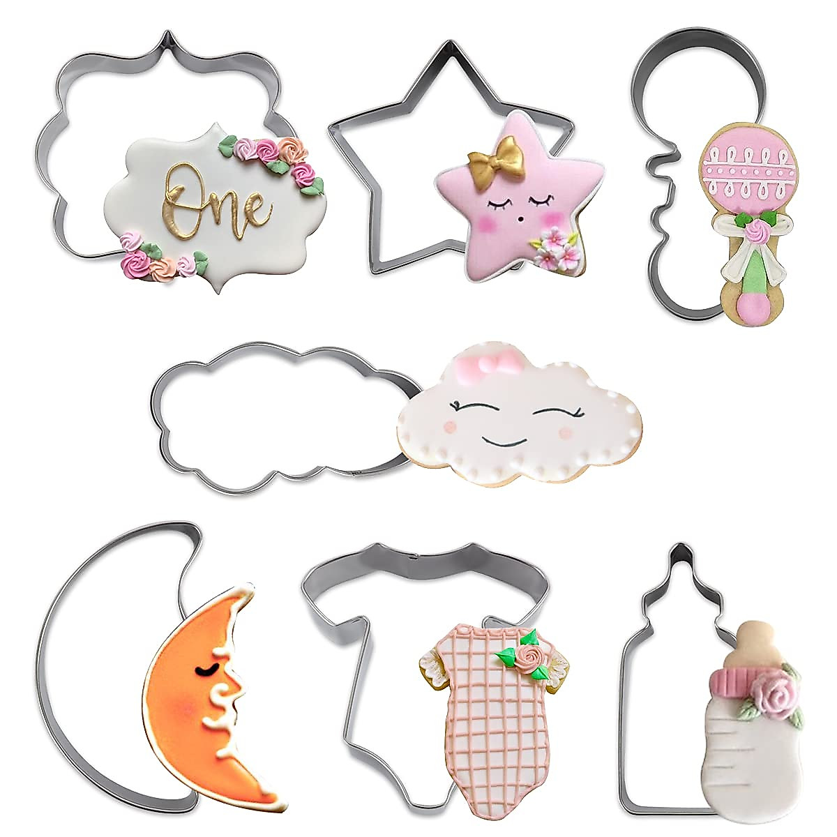 Twinkle Twinkle Little Star Themed Cookie Cutters, 7 Pack Baby Shower Baking Molds Stainless Steel Biscuit Sandwich Cake Cutter Set with Moon, Star, Cloud, Baby Onesies