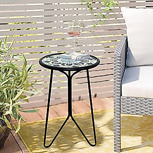 LIFFY Outdoor Side Tables, 12" Weather Resistant Metal & Glass Patio Accent Side Table, Indoor Small Round Home Decorative End Table, Plant Stands Table Outside, for Yard Balcony Garden Bedside