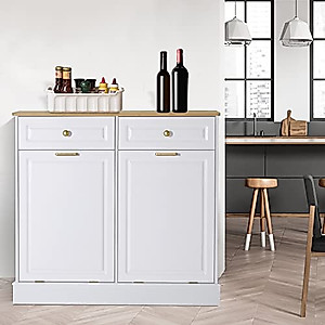 ONG Double Kitchen Trash Cabinets Dual Tilt-Out Trash Bin Can Cabinets with Drawers, Free Standing Hideaway Trash Holder Waste Can Bin for Trash Disposal, Recycle (White)