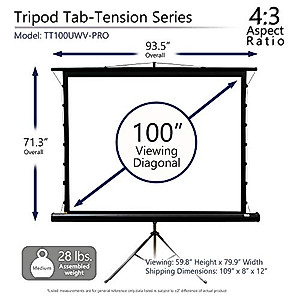 Elite Screens 100” Tab Tension Tripod Projector Screen, Portable Business Presentation, Carrying Bag Drape Kit, 4:3 4K/8K Ultra HD 3D Pull Up Front Projection Theater Movie Video Games TT100UWV-PRO