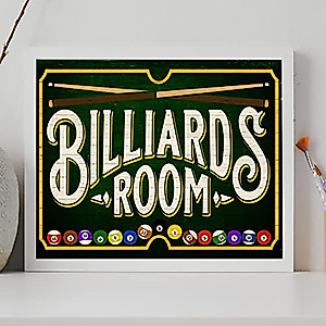 "Billiards Room" -Vintage Pool Room Sign - 14 x 11" Rustic Game Room Wall Art Print -Ready to Frame. Home-Play Room-Bar-Shop-Man Cave Decor. Great Gift for All Pool Sharks! Printed on Photo Paper.