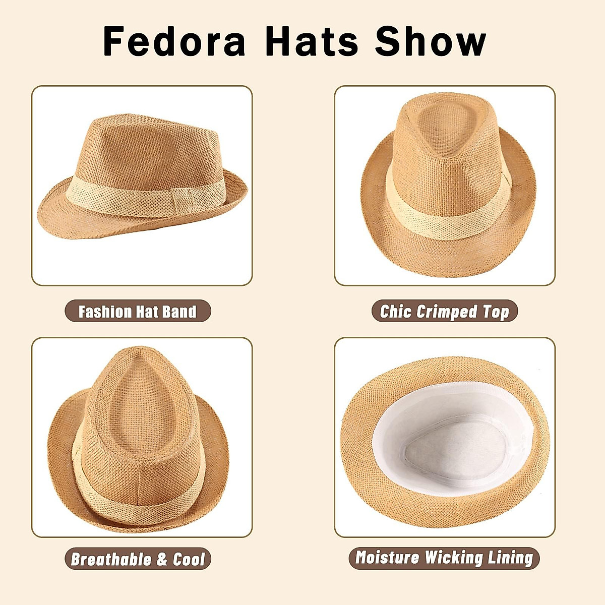Forwe 4 Pack Straw Fedora Hat for Men Women Short Brim Trilby Hat Classic Panama Summer Beach Sun Hat (B-01)