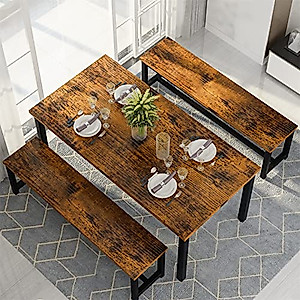 Recaceik 47" Dining Room Table Set with 2 Benches, Kitchen Dining Table Set for 4 Persons, Space Saving Kitchen Table and Chair Set for Dining Room, Small Space, Breakfast Nook(Brown)