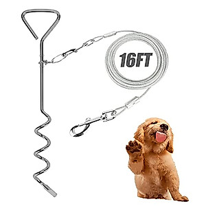 Darkyazi Dog Stake Tie Out Cable and Reflective Stake 16 ft Outdoor, Yard and Camping, for Medium to Large Dogs Up to 125 lbs (16ft Cable, 18" Stake, Silver)