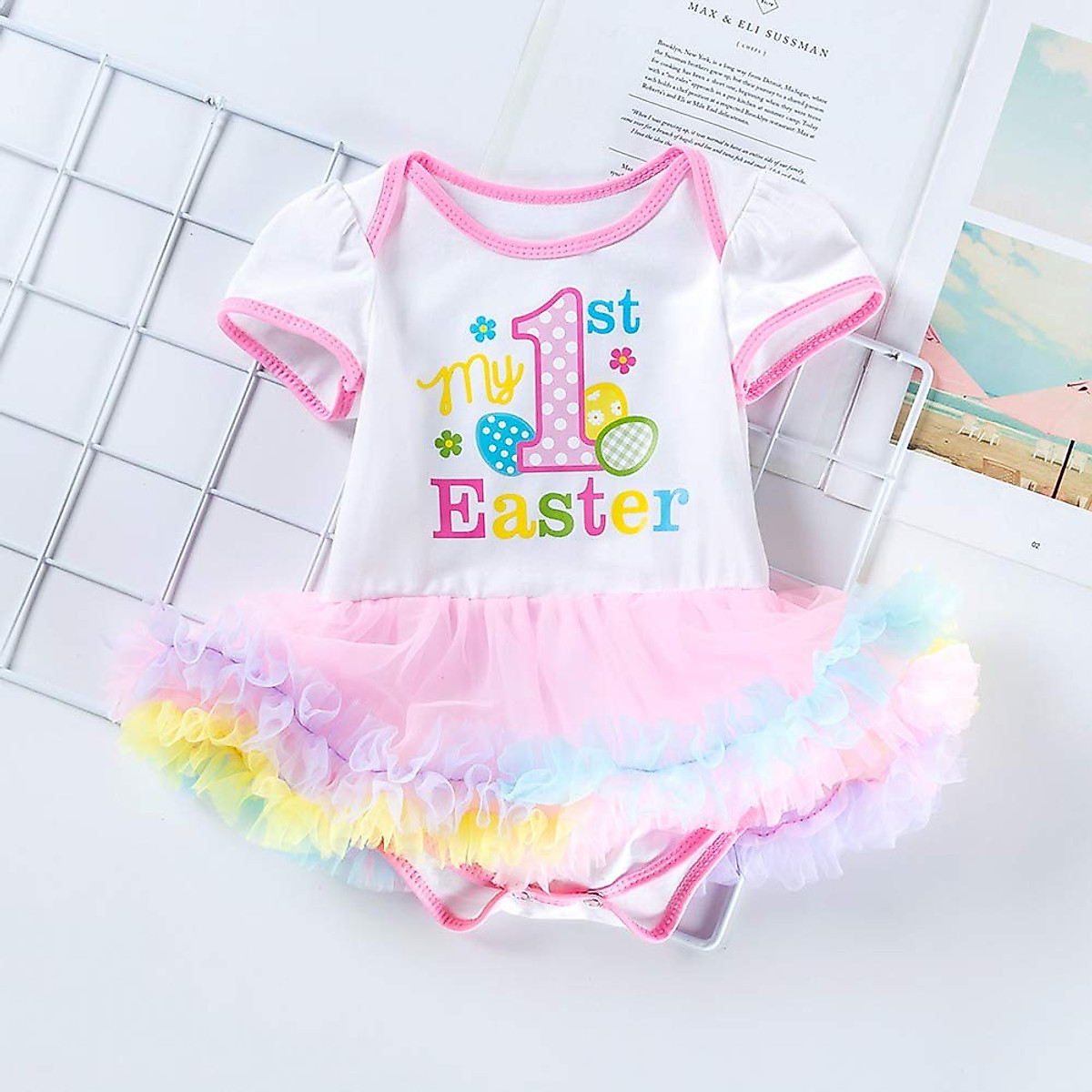 AGQT Newborn Baby Girls 1st Easter Outfit Set 4Pcs Bunny Skirt Set Onesie Bodysuit Romper Pink Size 0-3 Months(59)
