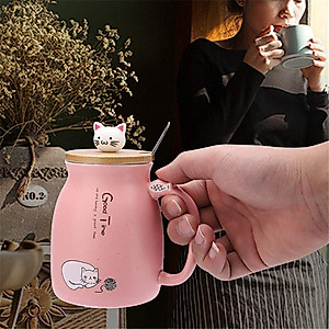 F FINEC 15oz Cute Cat Ceramic Mug, 450ml Milk Coffee Tea Cup With Spoon And Three-dimensional kitty Wood Lid, Heat-Resistant Cartoon Kitten Mugs For Children Office Lovers Gifts