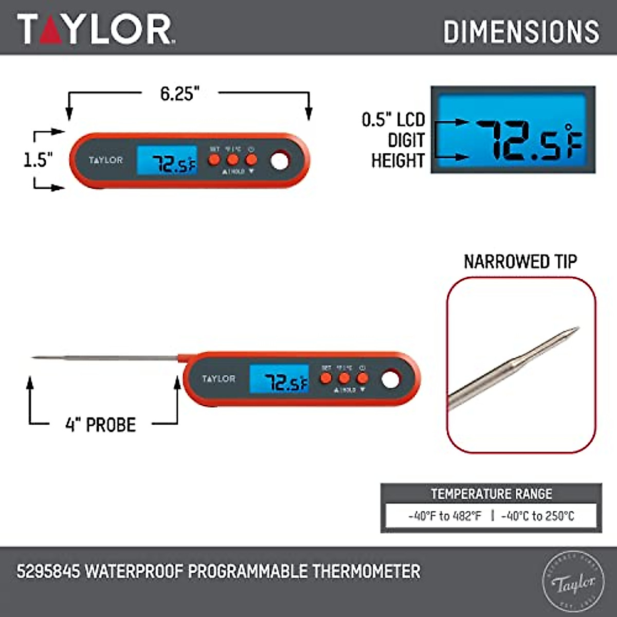 Taylor Digital Waterproof Food Meat and Candy Thermometer, with a Folding Probe, programmable presets, Backlit Display, andIncludes 2 AAA Batteries