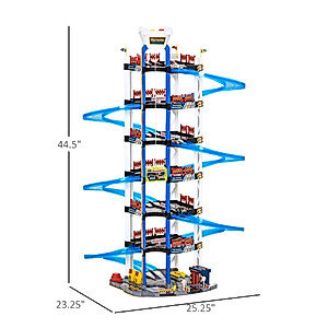 Qaba 7-Level Car Parking Garage Toy Dual Race Tracks Car Ramp Set Toddler Car Games 102 PCS w/Electric Elevator Wash, Gas, Ejector & Car Repair Station Metal Cars for 3-6 Years Old