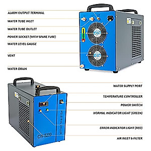 OMTech 6L Industrial Water Chiller 0.9hp 2.6gpm Water Cooling System CW-5200 Water Cooler for 60W 70W 80W 90W 100W 120W 130W 150W CO2 Laser Engraving & Cutting Machines, Cools 5200 BTU/Hour