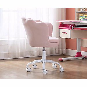 DM Furniture Adjustable Kids Desk Chair Cute Reading Computer Chair for Students Modern Upholstered Velvet Swivel Rolling Armchair for Girls Bedroom, Seashell Back (Light Pink)