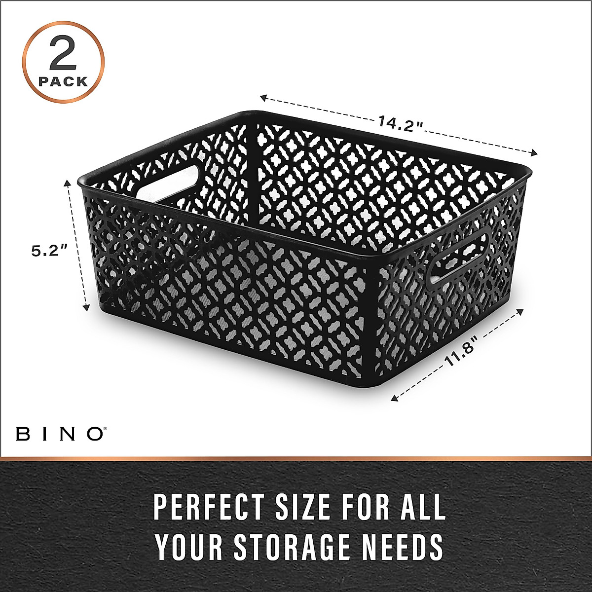 BINO l Plastic Storage Baskets, Large - Black | THE BLOSSOM COLLECTION l Multi-Use Organizer Bin l Built-in Handles l Plastic Woven Basket for Organizing l Pantry & Home Organizing Basket