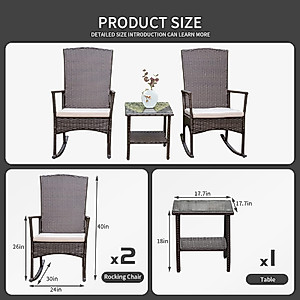 Outdoor PE Wicker Porch Rocking Chair 3 Piece Patio Bistro Set Garden Conversation Furniture Brown Rattan with Glass Coffee Table, Khaki Cushion