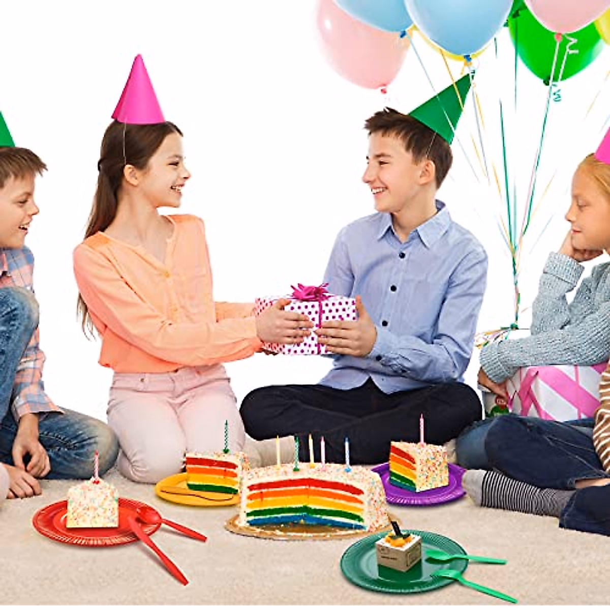 Karenhi 144 Pieces Rainbow Party Supplies Includes 7 Inch 9 Inch Paper Dinner Plates Colorful Cocktail Napkin Plastic Spoons Forks Knives Serve for 24 Guests Birthday Baby Shower Party Supplies