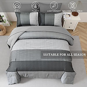 Grey Queen Comforter Set 7 Pieces, Ombre Striped Bed in a Bag Queen with Sheet Sheet, All Season Boho Patchwork Down Alternative Comforter Bedding Set