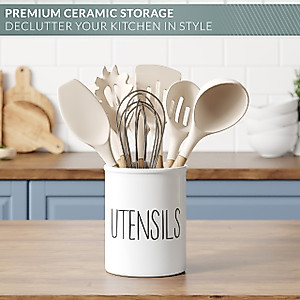 Barnyard Designs Ceramic Farmhouse Kitchen Utensil Holder for Countertop, Decorative Kitchen Utensil Holder, Large Kitchen Utensil Holder for Kitchen Counter, Utensil Crock Spatula Holder, 7" White