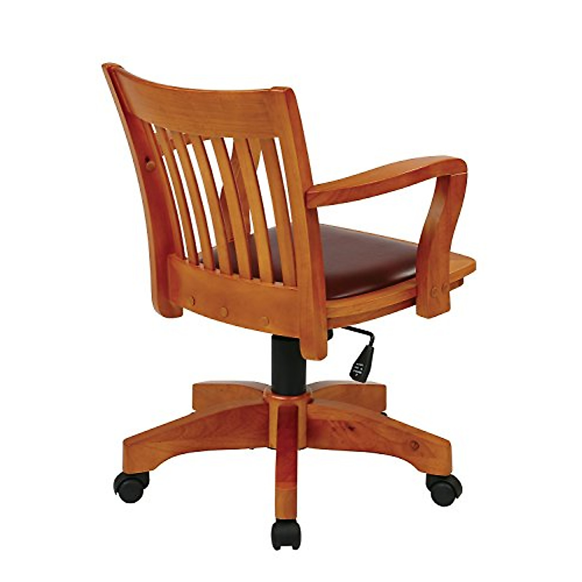 OSP Home Furnishings Deluxe Wood Banker's Desk Chair with Padded Seat, Adjustable Height and Locking Tilt, Fruitwood Finish and Brown Vinyl