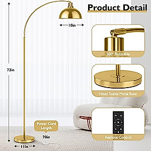 Arc Floor Lamps for Living Room, Modern Tall Standing Lamp Remote Control,Stepless Dimmable Gold Floor Lamp with Hanging Dome Shade, Over Couch Arched Reading Lamp for Bedroom, Office (Bulb Included)