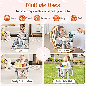 BABY JOY Travel Booster Seat with Double Tray, Folding Portable High Chair Booster Seat for Dining Table, Indoor/Outdoor Use, Camping, Beach, Lawn, Compact Baby Seat with Straps & Carrying Bag