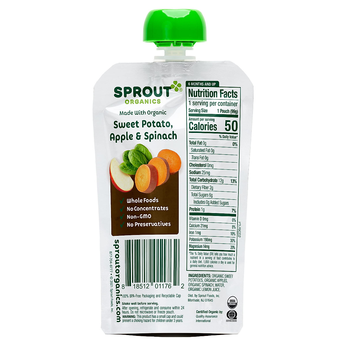 Sprout Organic Baby Food, Stage 2 Pouches, Sweet Potato Apple and Spinach, 3.5 Oz Purees (Pack of 12)