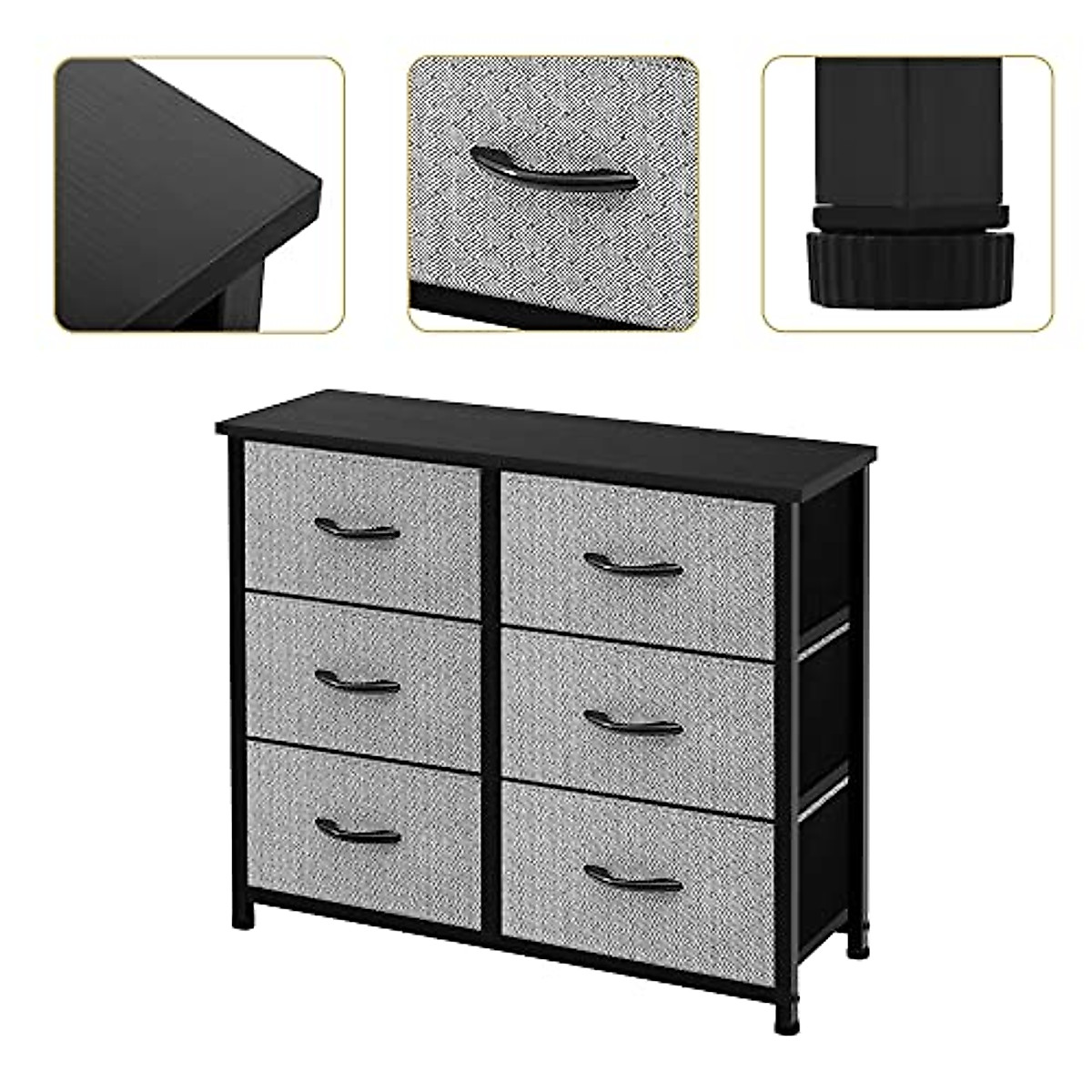 AZL1 Life Concept 6 Drawers Fabric, Tower Dresser for Bedroom, Hallway, Nursery, Entryway, Closets, Sturdy Metal Frame, Wood Tabletop, Easy Pull Handle, 31.5 Inches, Grey with Black