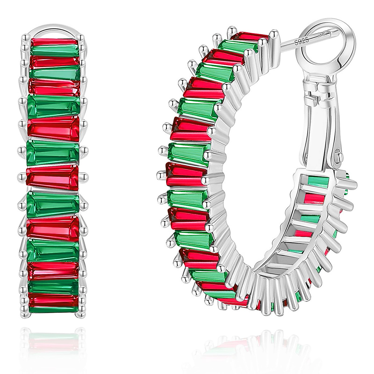 GLOQUAT Red and Green Hoop Earrings 14K White Gold Plated Red and Gold Hoops for Women 925 Silver Post Colorful CZ Gold Round Circle Hoops for Women Trendy Jewelry 25mm