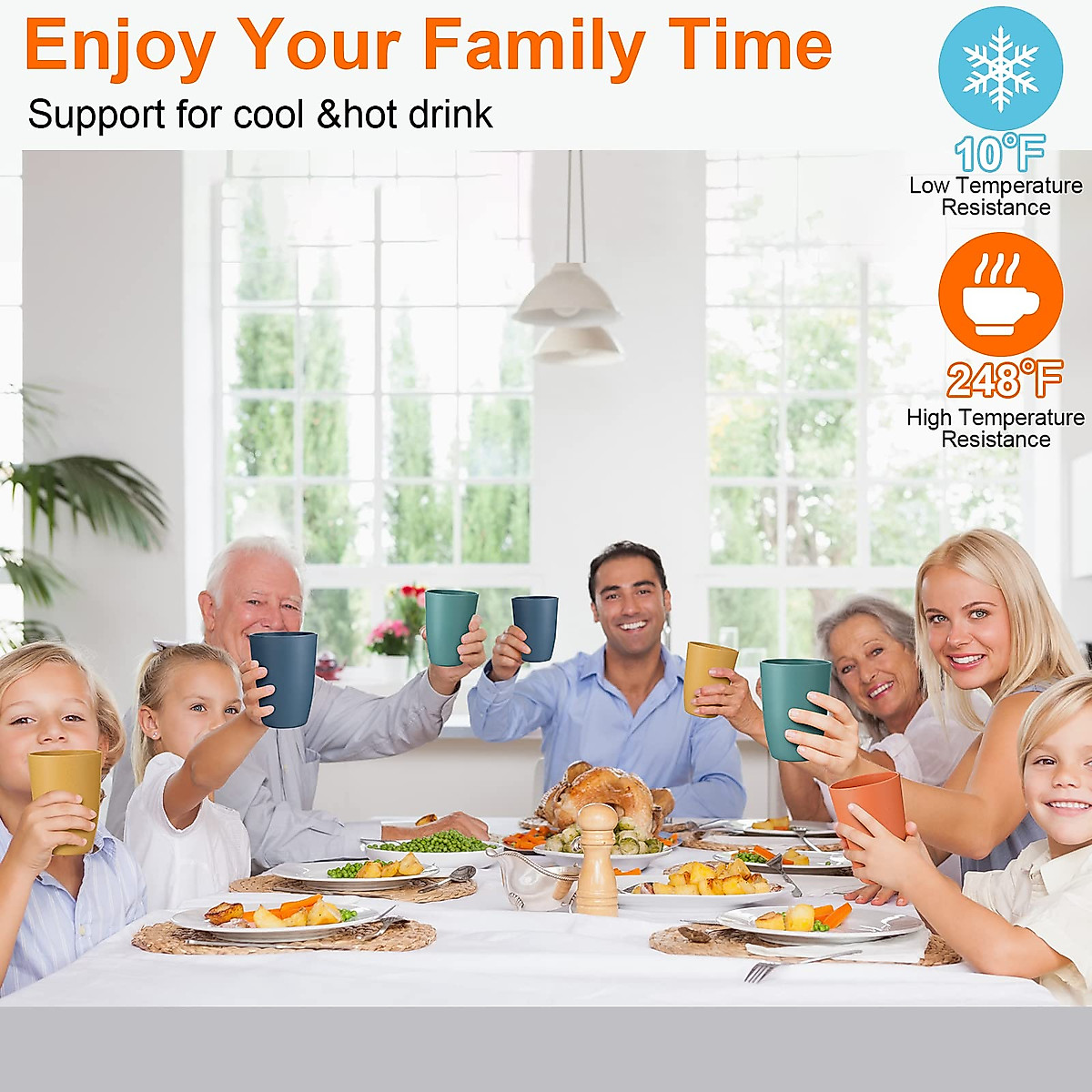 ninjori Wheat Straw Cups,8 PCS Plastic Cups 12 oz Unbreakable Drinking Cup, Reusable Dishwasher Safe Water Glasses with 4 Colors for Drinking Water Juice Milk Soda Coffee