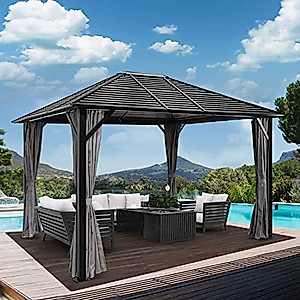 GARTOO 10' x 12' Patio Hardtop Gazebo - Outdoor Metal Hard Top with Fully Enclosed Zip Curtain & Breathable Mesh, Galvanized Steel Top Gazebo for Garden, Lawn, Outdoor Party (Black)