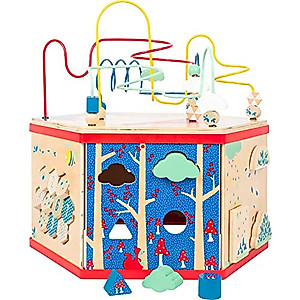 Wooden Activity Cube XL Size by Small Foot – Classic 7-Sided Interactive Toy with Bead Maze, Puzzle, Shape Sorter, Clock & Wheels - Develops Kids Dexterity, Motor Skills – Age 12+ months