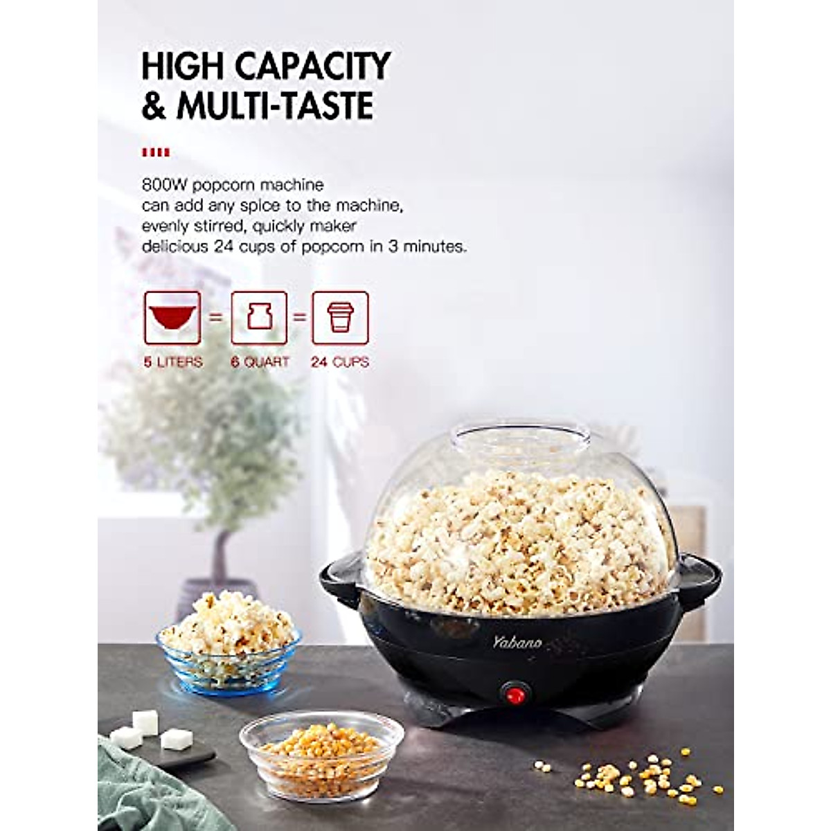 Popcorn Machine, 6-Quart Popcorn Popper maker, Nonstick Plate, Electric Stirring with Quick-Heat Technology, Cool Touch Handles (Black)