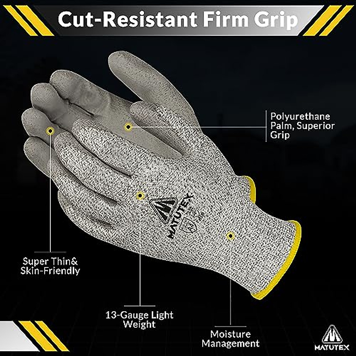 Matutex 12 Pairs Cut Resistant Work Gloves Firm Grip A4 Polyurethane Coated | Safety Gloves Cut Proof | Construction, Kitchen (L)