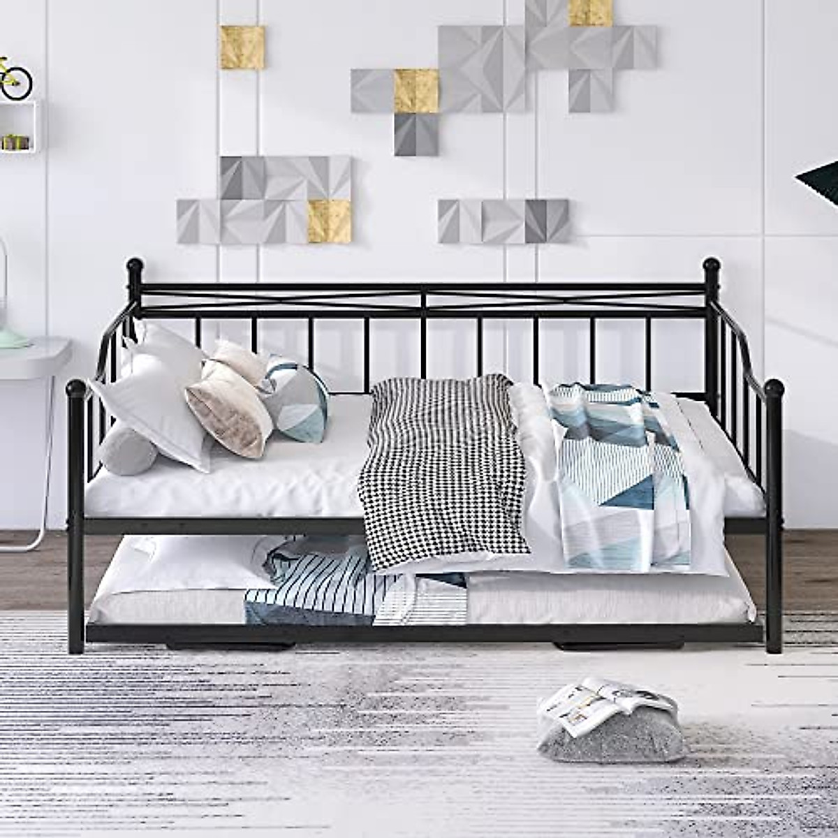 LUSPAZ Full Size Extendable Bed with Pop Up Trundle, Twin to King Daybed with Pull Out Trundle for Adults, Kids