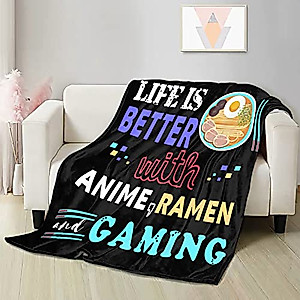 Ramen Noodle Blanket Throw,Life is Better with Gaming Ramen Anime Gifts for Kids Boys Men Soft Lightweight Plush Fleece Quilt 80 in x 60 in Large for Adults