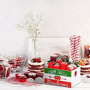 Lemon Decor Mini Wooden Crate Set Summer Tiered Tray with 8 Faux Lemons Beach Wooden Crate Decor with Shell Farmhouse Strawberry Wooden Crate Summer table Decor for Kitchen Decor (Strawberry Style)