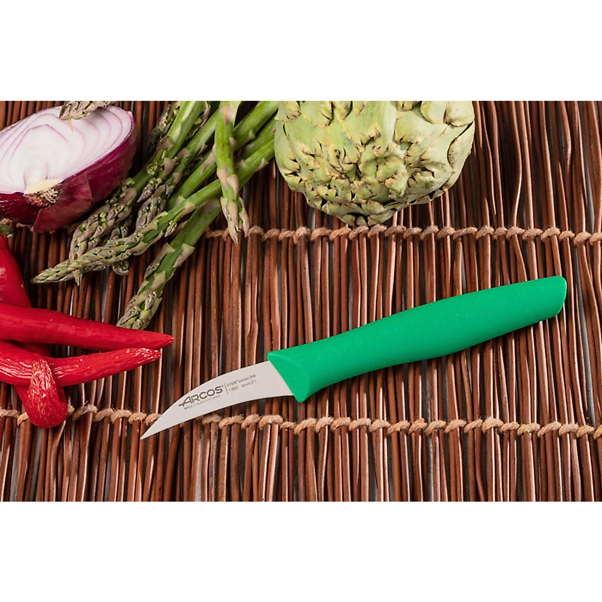 ARCOS 2 Pieces Paring Knife Set. 2 Peeling Knives of Stainless Steel and Ergonomic Polypropylene Handle for Cutting Fruits, Vegetables and Tubers. Series Nova. Color Green