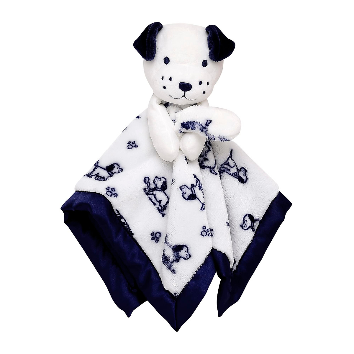 Plush Rattle Baby Snuggle Blanket with Embroidery and Satin, Blue and White Little Me Puppy Toile Print, Puppy Toy (14 inch)