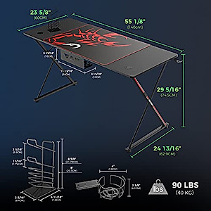 It's_Organized Gaming Desk 55 Inch PC Computer Desk,Home Office Student Study Desk with Cup Holder Headphone Hook Handle Rack,Black