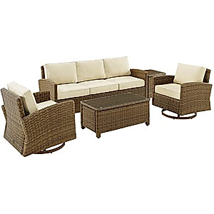Crosley Furniture Bradenton 5-Piece Wicker Outdoor Sofa and Swivel Rocker Patio Furniture Set for Porch, Brown with Sand Cushions