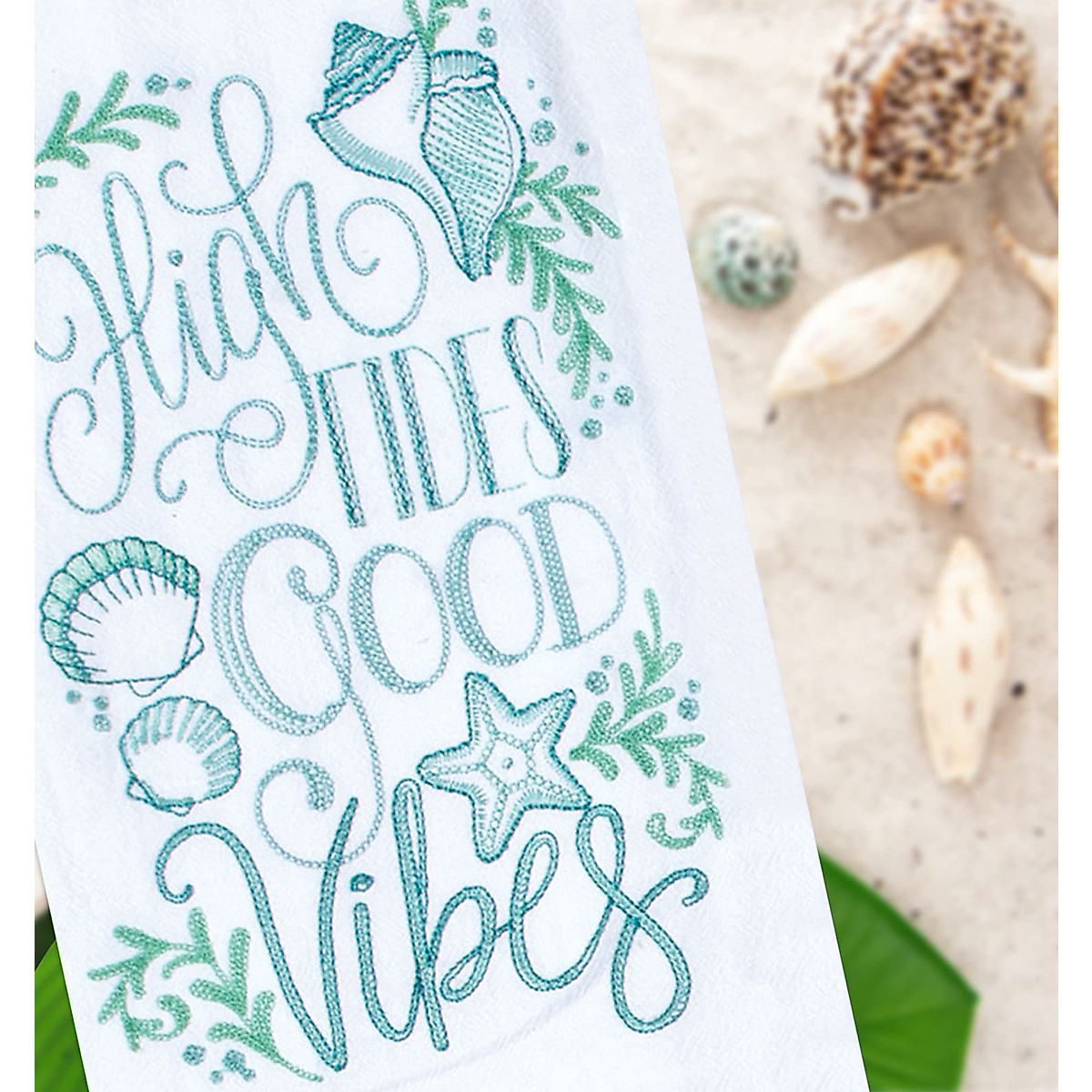 2 Coastal Dish Towels - Beach Kitchen Towels with Sayings | Ocean, Tropical, Seashell Theme Flour Sack Towel Set | Sea Life Towels for Dishes, Hand, Lake House, Beach House Decor with Recipe Card