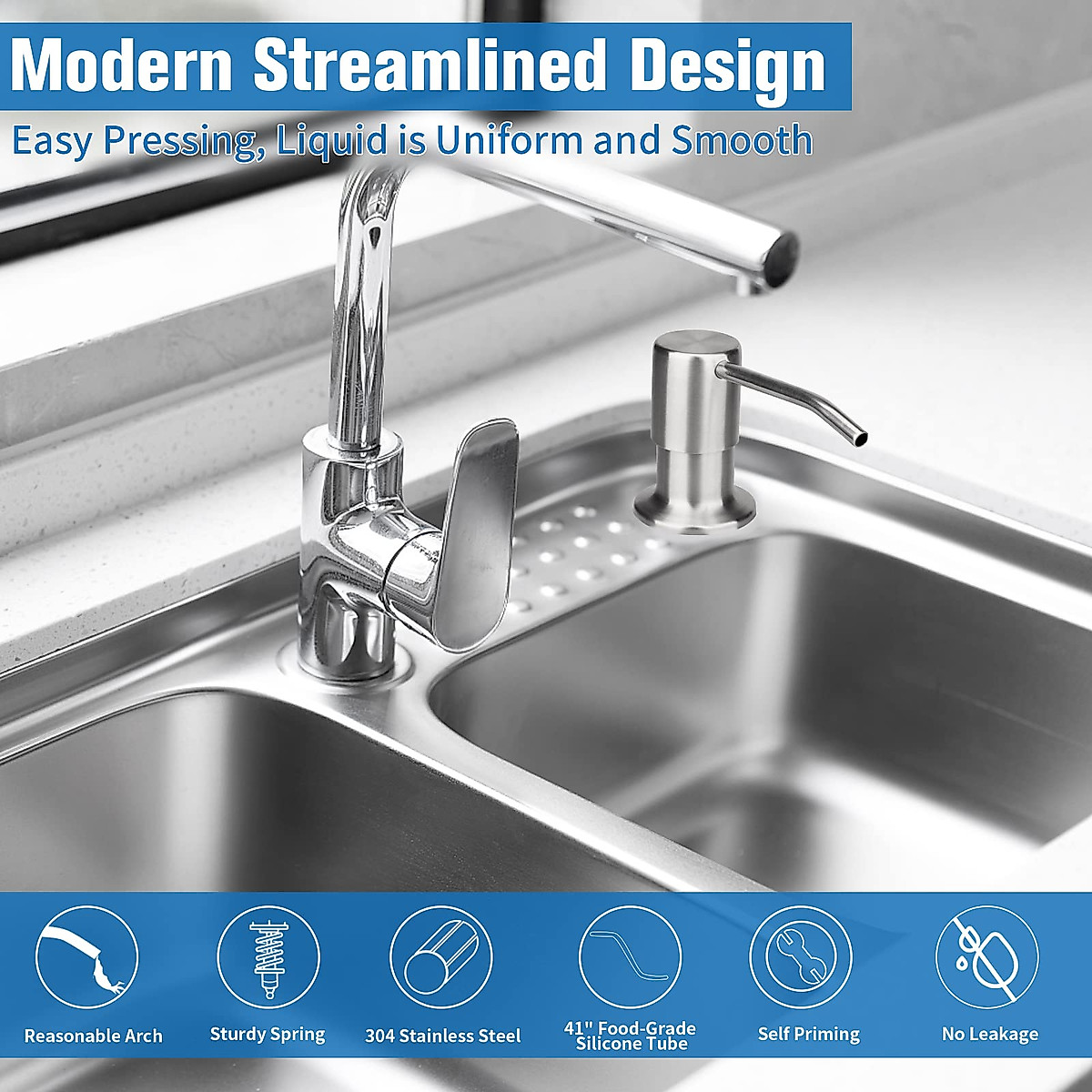 Built in Sink Soap Dispenser or Lotion Dispenser for Kitchen Sink, Soap Dispenser Extension Tube Kit, under Counter Soap Dispenser, Powerful Suction Check Valve & 41" Hose, Fit Most Soap Containers