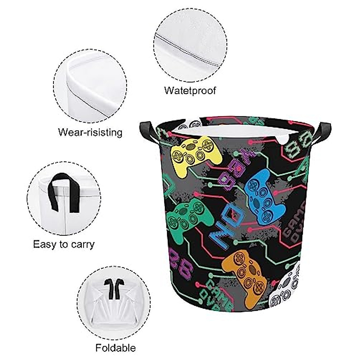HoaMoya Collapsible Colorful Joysticks Gamepad Laundry Basket Cool Gamer Slogan Freestanding Laundry Hamper With Handles Large Waterproof Cloth Toy Storage Bin for Household Bedroom Bathroom